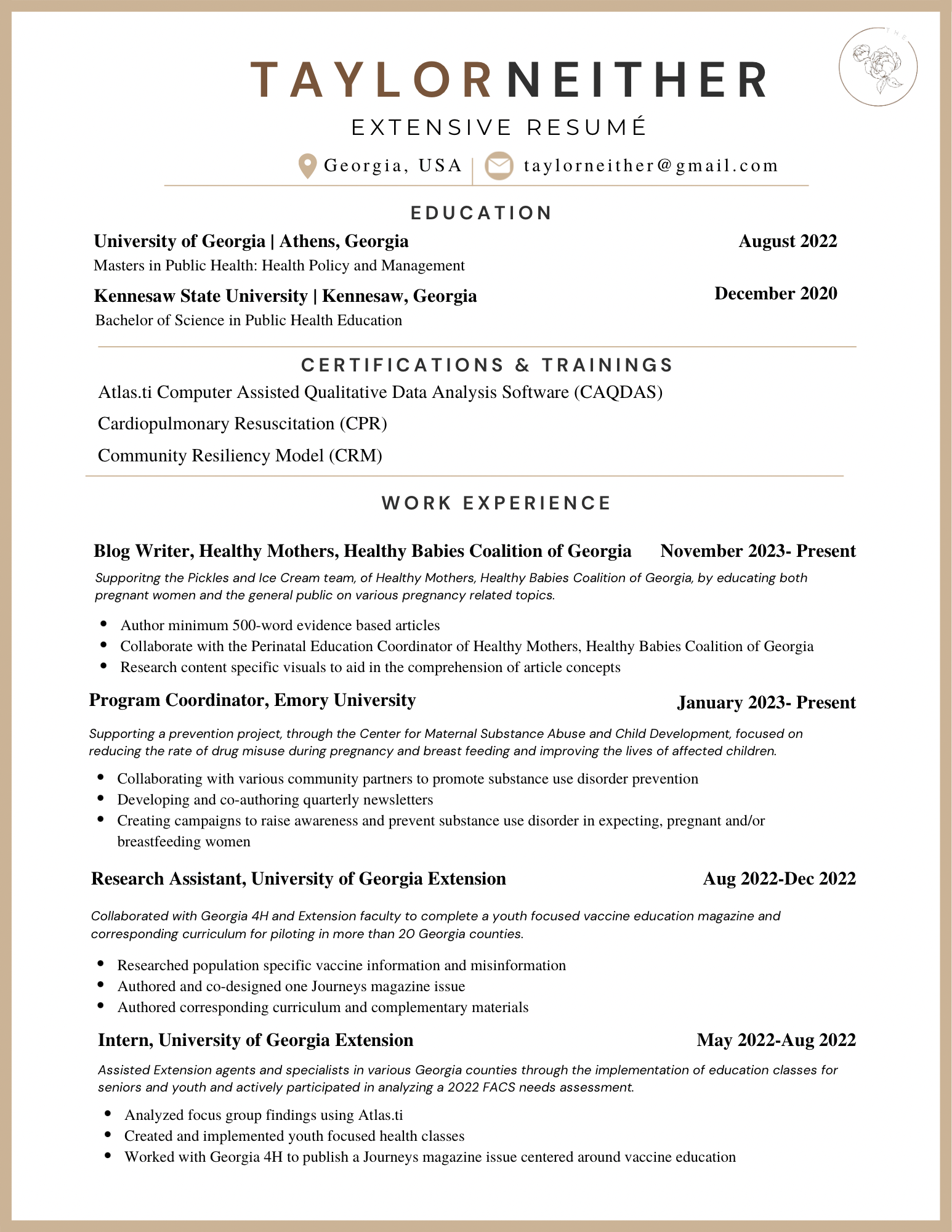Extensive Resume | Taylor'd Health Experience